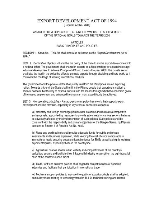 EXPORT DEVELOPMENT ACT OF 1994 - Philexport Cebu