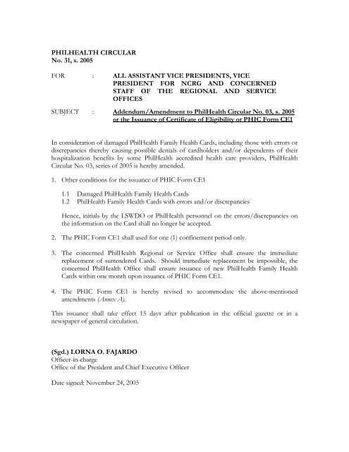 PHILHEALTH CIRCULAR No. 31, s. 2005 FOR - Philippine Health ...