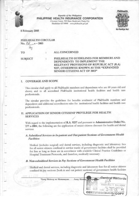 (R.A) 9257 - Philippine Health Insurance Corporation