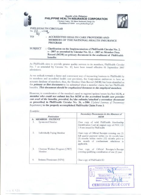 Clarification on the Implementation of PhilHealth Circular No. 1, s ...