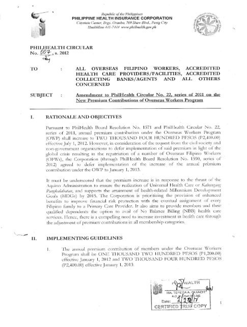 Amendment to PhilHealth Circular No. 22, Series of 2011 on the ...