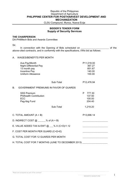 Bidder's Tender Form - Philippine Center for Postharvest ...