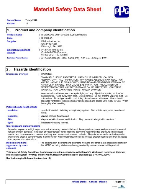 PPG Dimetcote 302H Green 302F0250 Resin