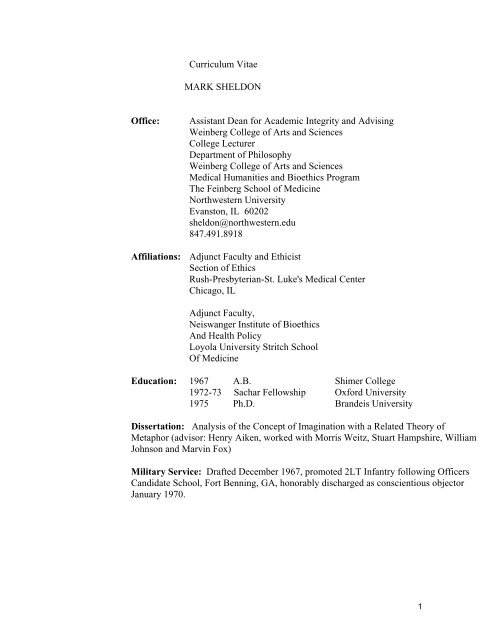 Curriculum Vitae MARK SHELDON Office - Northwestern University