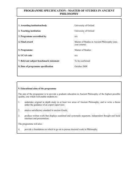 programme specification - Faculty of Philosophy - University of Oxford