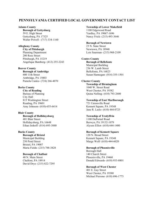 Pennsylvania Certified Local Government Contact List
