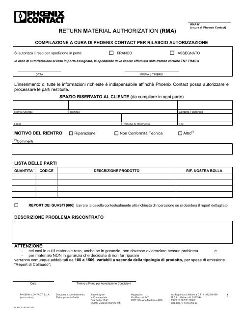 Clicca qui per scaricare il modulo RMA (PDF 0,16 ... - Phoenix Contact