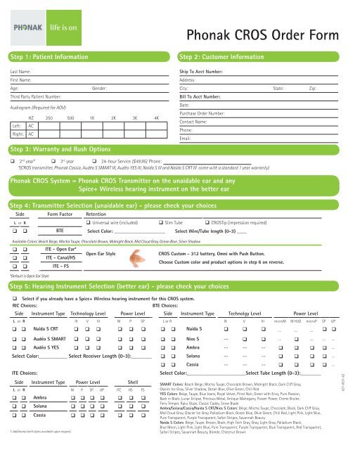 Phonak CROS Order Form