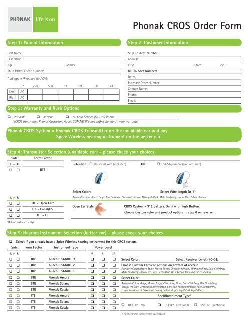 Phonak CROS Order Form