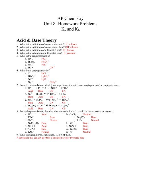 AP Chemistry Unit 8- Homework Problems Ka and Kb Acid & Base ...