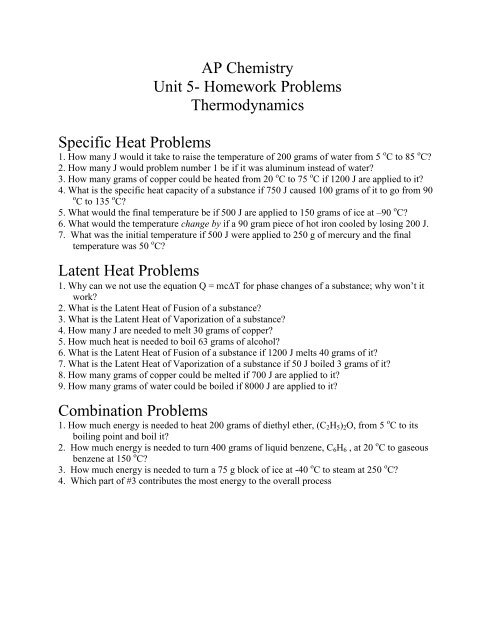 AP Chemistry Unit 5- Homework Problems Thermodynamics ...