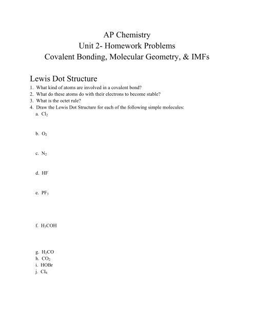 AP Chemistry Unit 2- Homework Problems Covalent Bonding ...