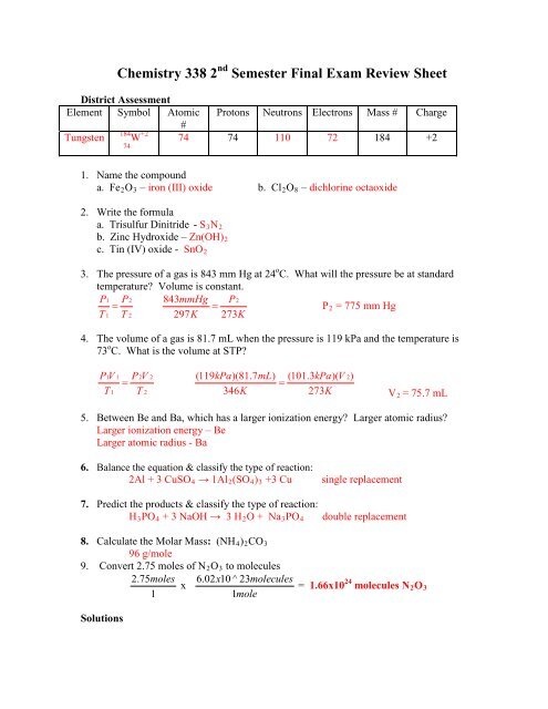 Chemistry 338 2 Semester Final Exam Review Sheet Chemistry 338 2 Semester Final Exam Review Sheet