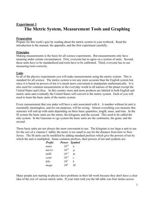 Experiment 1 The Metric System, Measurement Tools And Graphing