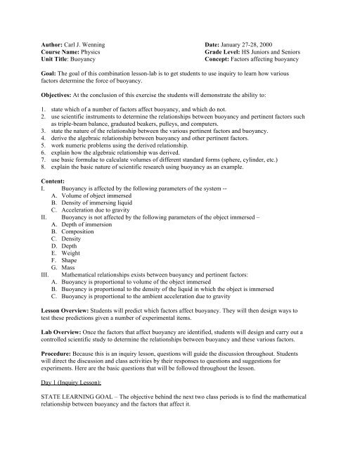 Buoyancy Lesson Plans