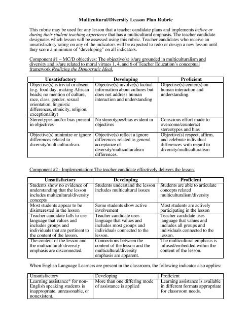 Multicultural/Diversity Lesson Plan Rubric This rubric may be used ...