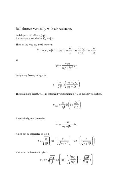 Ball thrown vertically with air resistance