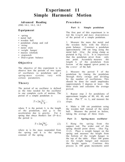Experiment 11 Simple Harmonic Motion