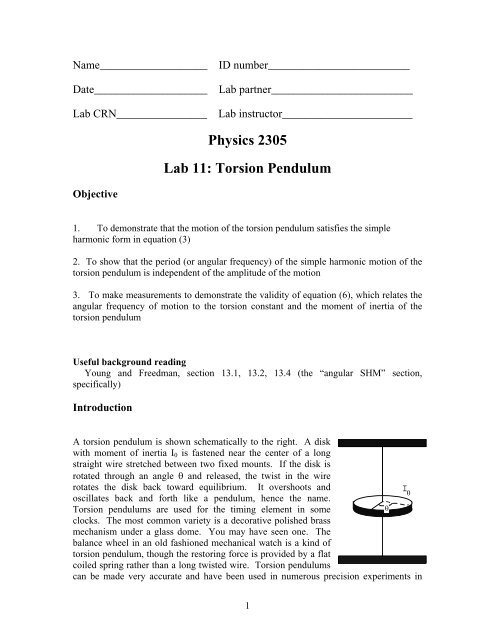 Physics 2305 Lab 11: Torsion Pendulum