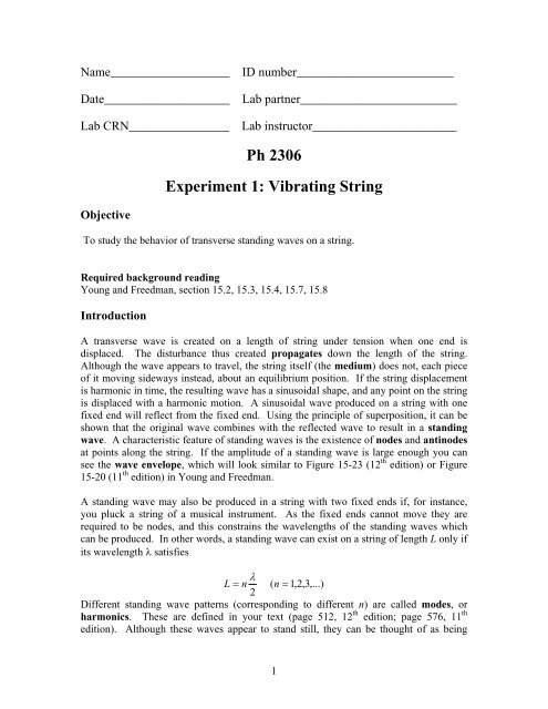 Ph 2306 Experiment 1: Vibrating String