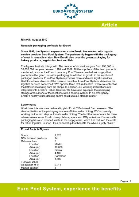 Article Euro Pool System, experience the benefits