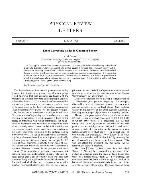 Error Correcting Codes In Quantum Theory