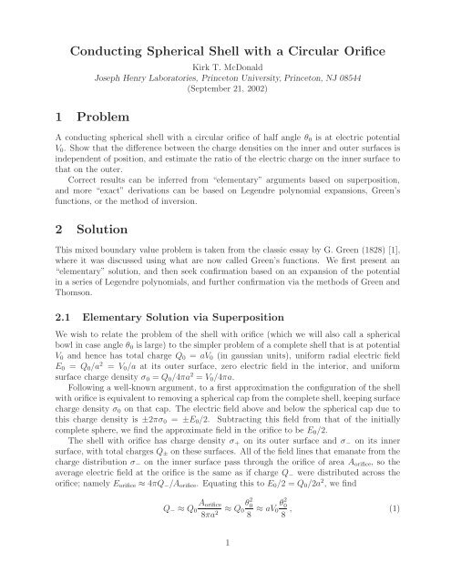 Conducting Spherical Shell with a Circular Orifice - Princeton ...