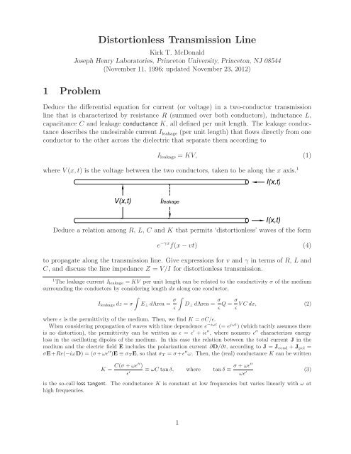 Distortionless Transmission Line 1 Problem - Princeton University