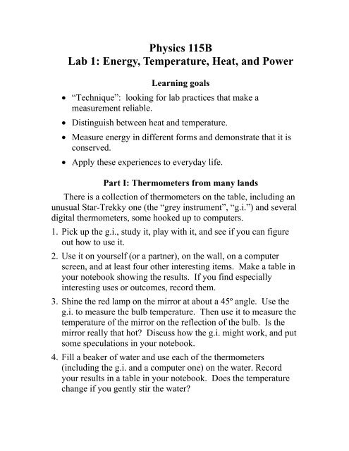 Physics 115B Lab 1: Energy, Temperature, Heat, and Power