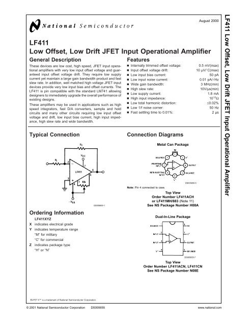 LF411 Low Offset, Low Drift JFET Input Operational Amplifier