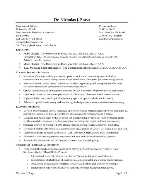 full CV - Department of Physics & Astronomy at the University of Utah