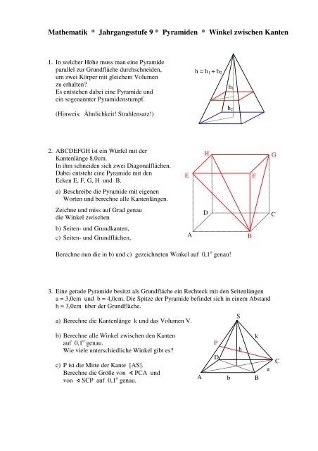 Mathematik * Jahrgangsstufe 9 * Pyramiden * Winkel zwischen Kanten