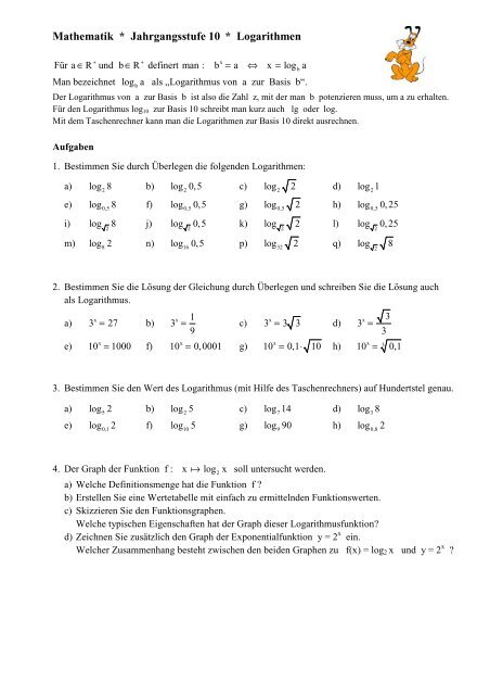 Mathematik * Jahrgangsstufe 10 * Logarithmen