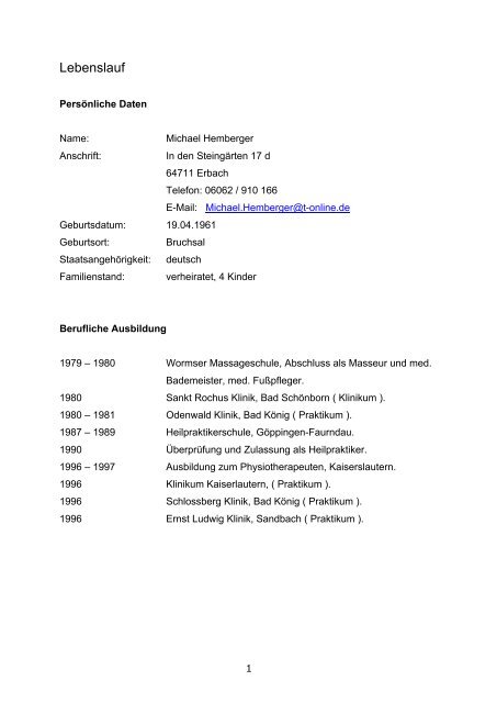 Lebenslauf - Therapiezentrum Physiomed Michael Hemberger