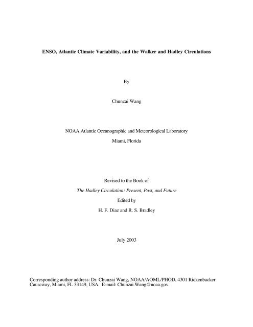 ENSO, Atlantic Climate Variability, and the Walker and Hadley ...