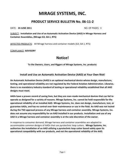 MIRAGE SYSTEMS, INC. - Parachute Industry Association