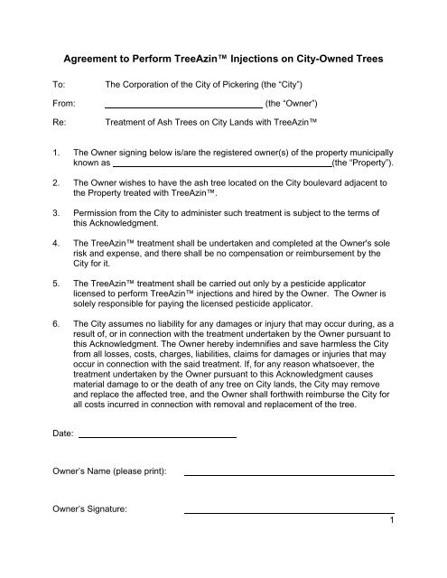Acknowledgement Form: Agreement to Perform ... - City of Pickering