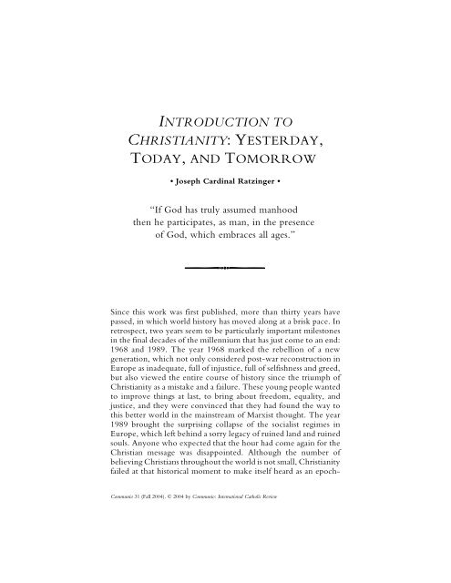 Introduction to Christianity: Yesterday, Today, and Tomorrow