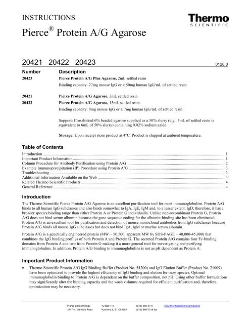 INSTRUCTIONS Pierce Protein A/G Agarose