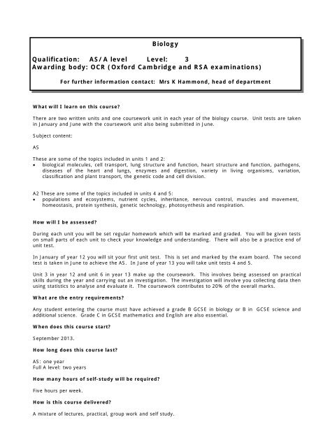 Biology Qualification: AS/A level Level: 3 Awarding body: OCR ...