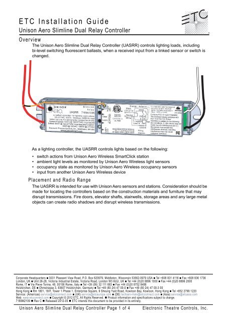 Unison Aero SlimLine Dual Relay Controller Installation Guide - ETC