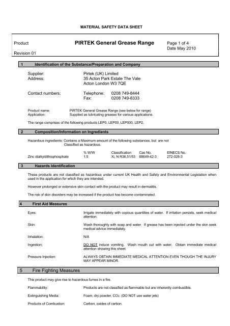 General Grease range data sheet - Pirtek