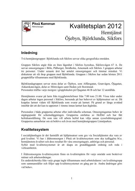 Kvalitetsplan 2012 - Piteå kommun