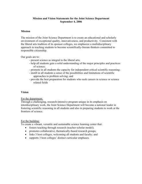 Mission and Vision Statements for the Joint Science ... - Pitzer College