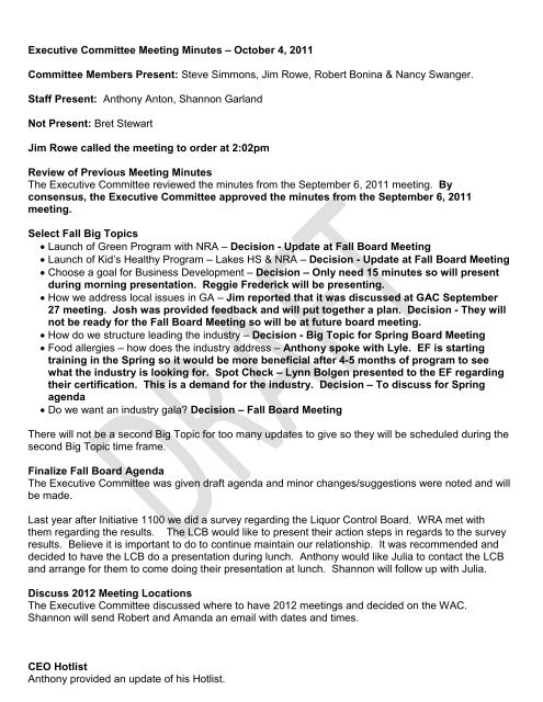 Executive Committee Minutes Follow Up To Decisions And Resolutions