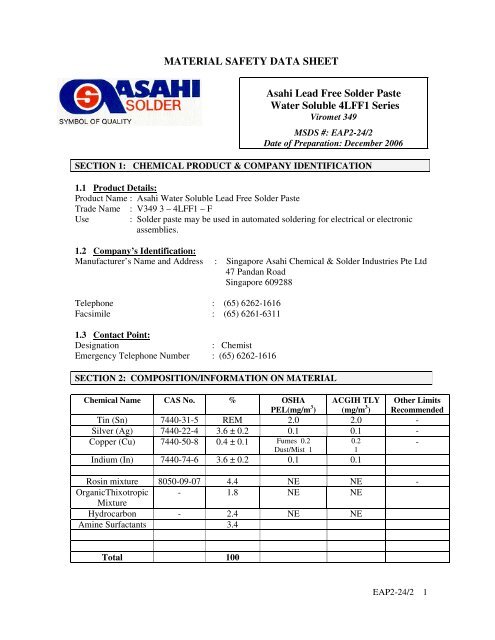 MATERIAL SAFETY DATA SHEET Asahi Lead Free Solder Paste ...
