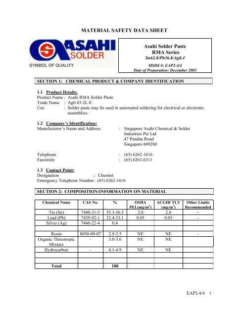 MATERIAL SAFETY DATA SHEET Asahi Solder Paste RMA Series