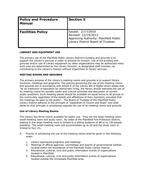 Policy and Procedure Manual Section 5 Facilities Policy - Plainfield ...