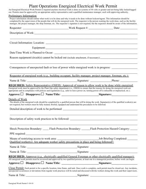 Plant Operations Energized Electrical Work Permit