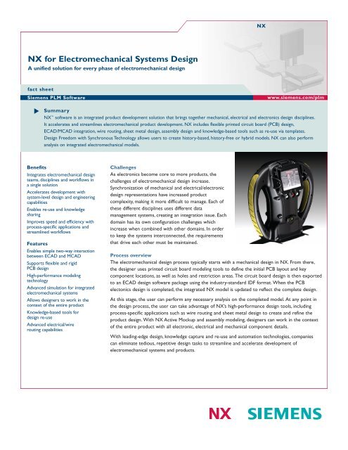 NX for Electromechanical Design Fact Sheet - Siemens PLM Software